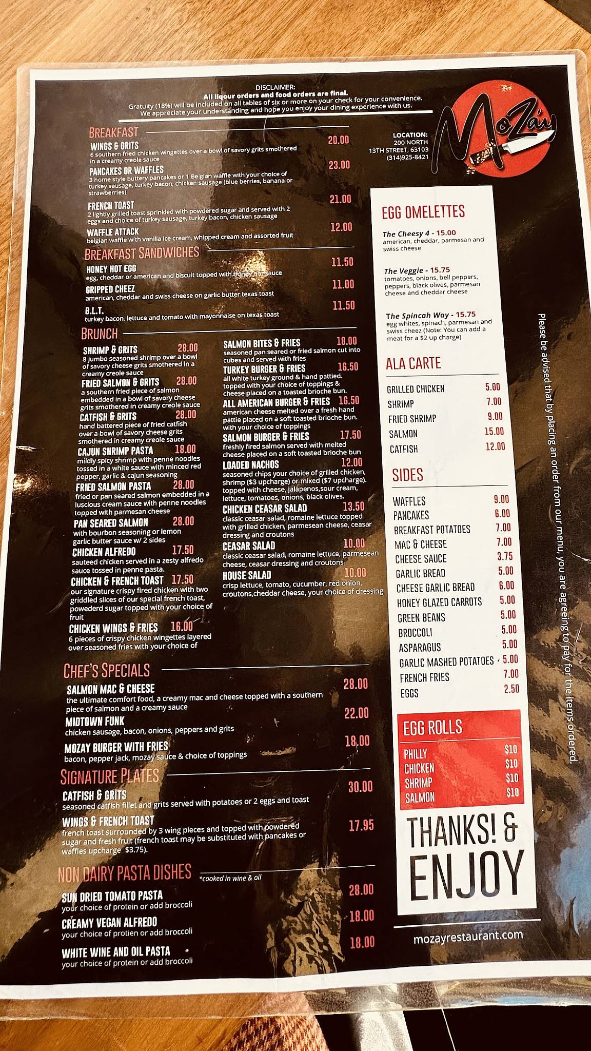 Menu at Mozay Restaurant, St. Louis