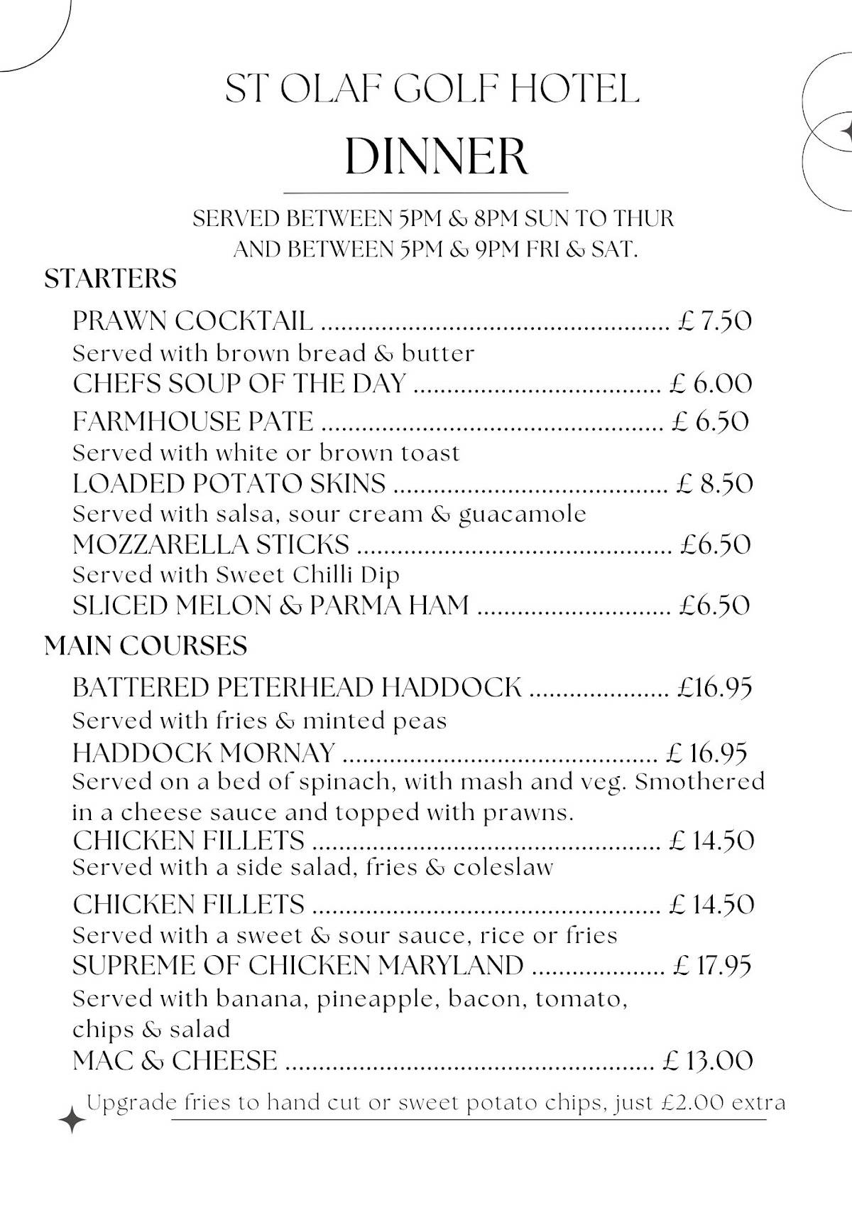 Menu at St. Olaf Golf Hotel restaurant, Cruden Bay