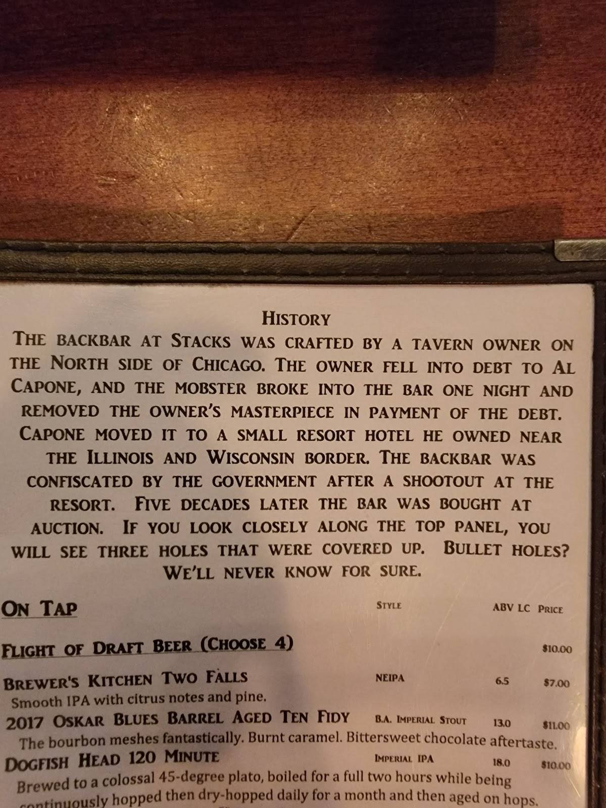 Menu at Stacks Bar and Grill, Valparaiso