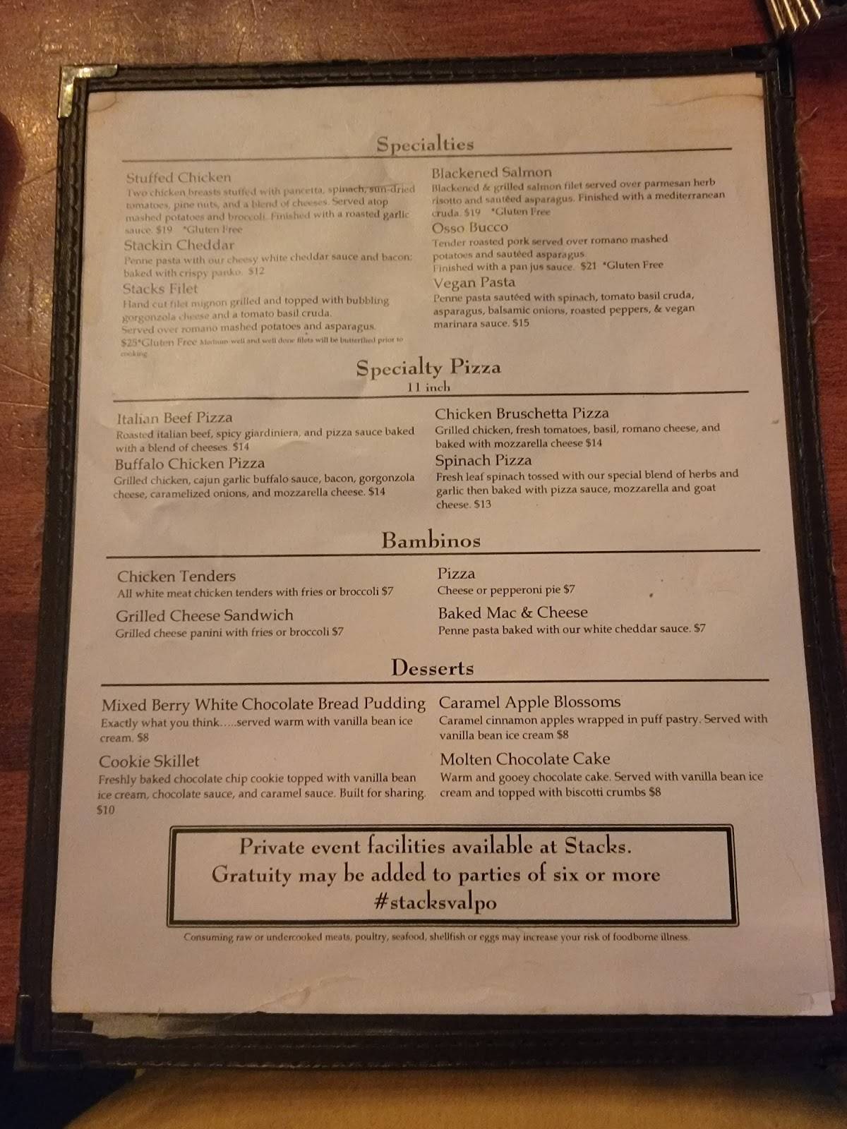 Menu at Stacks Bar and Grill, Valparaiso