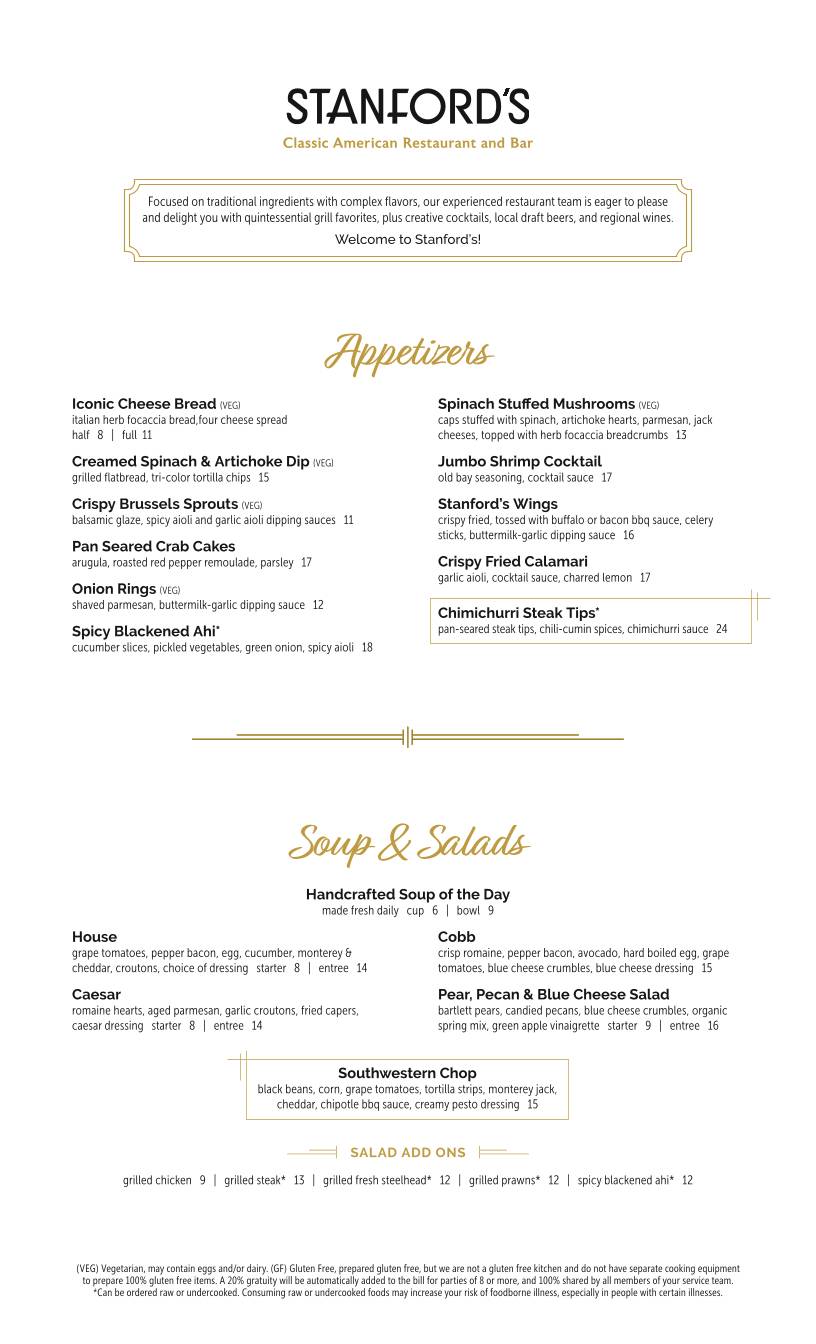 Menu at Stanford's Tanasbourne steakhouse, Hillsboro