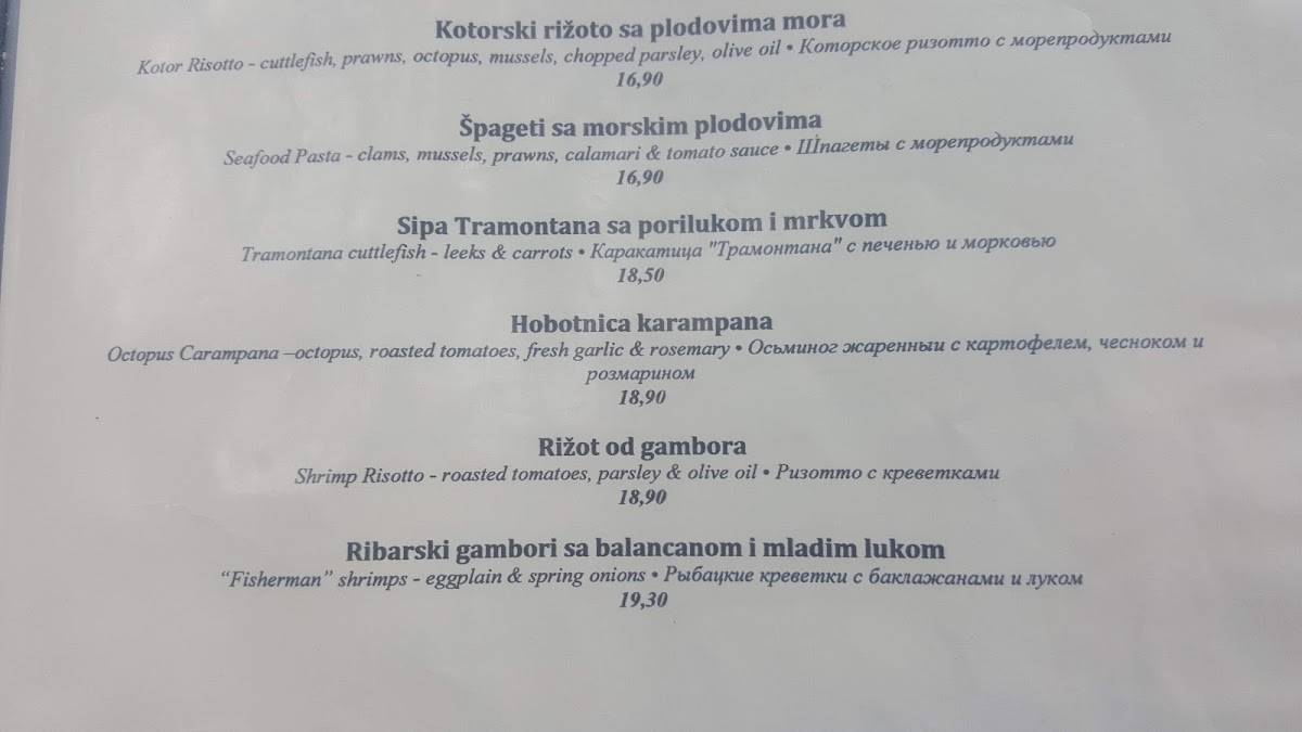 Menu at Stari Mlini restaurant, Dobrota, Dobrota - Ljuta BB