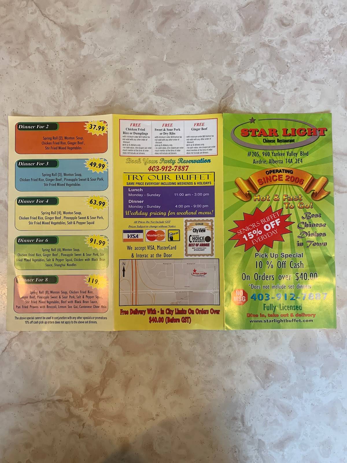 Menu at Starlight Chinese Restaurant, Airdrie
