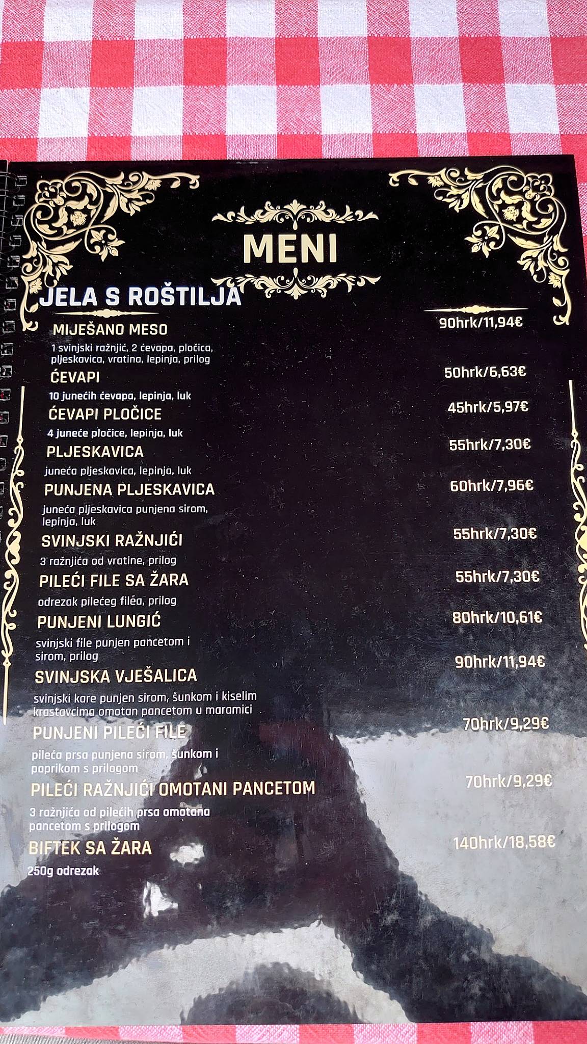 Menu at Staro Gnijezdo restaurant, Zagreb