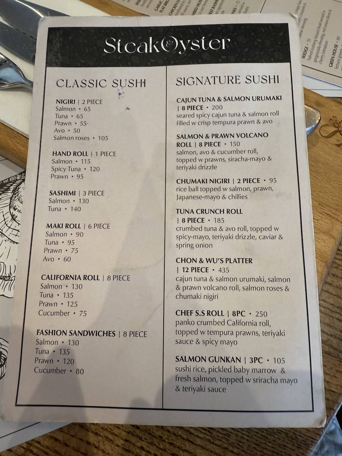 Menu at Steak and oyster restaurant, Umhlanga, 12