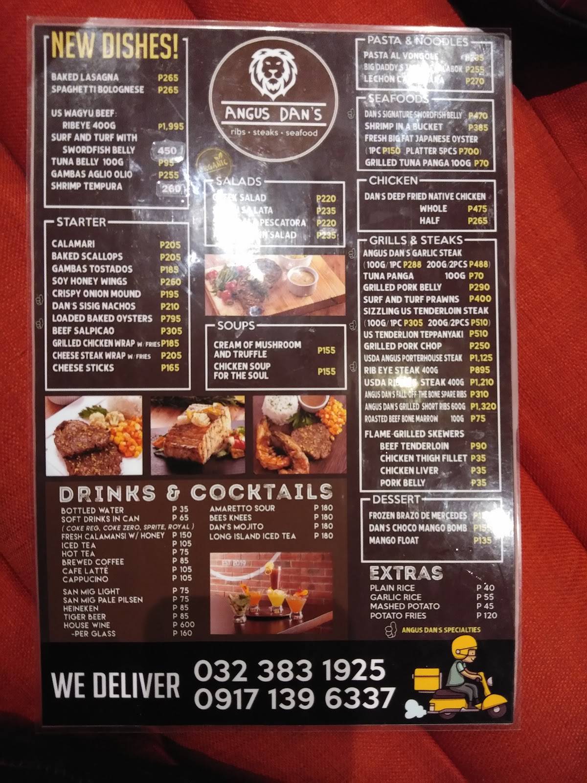 Menu at Angus Dan's steakhouse, Cebu City
