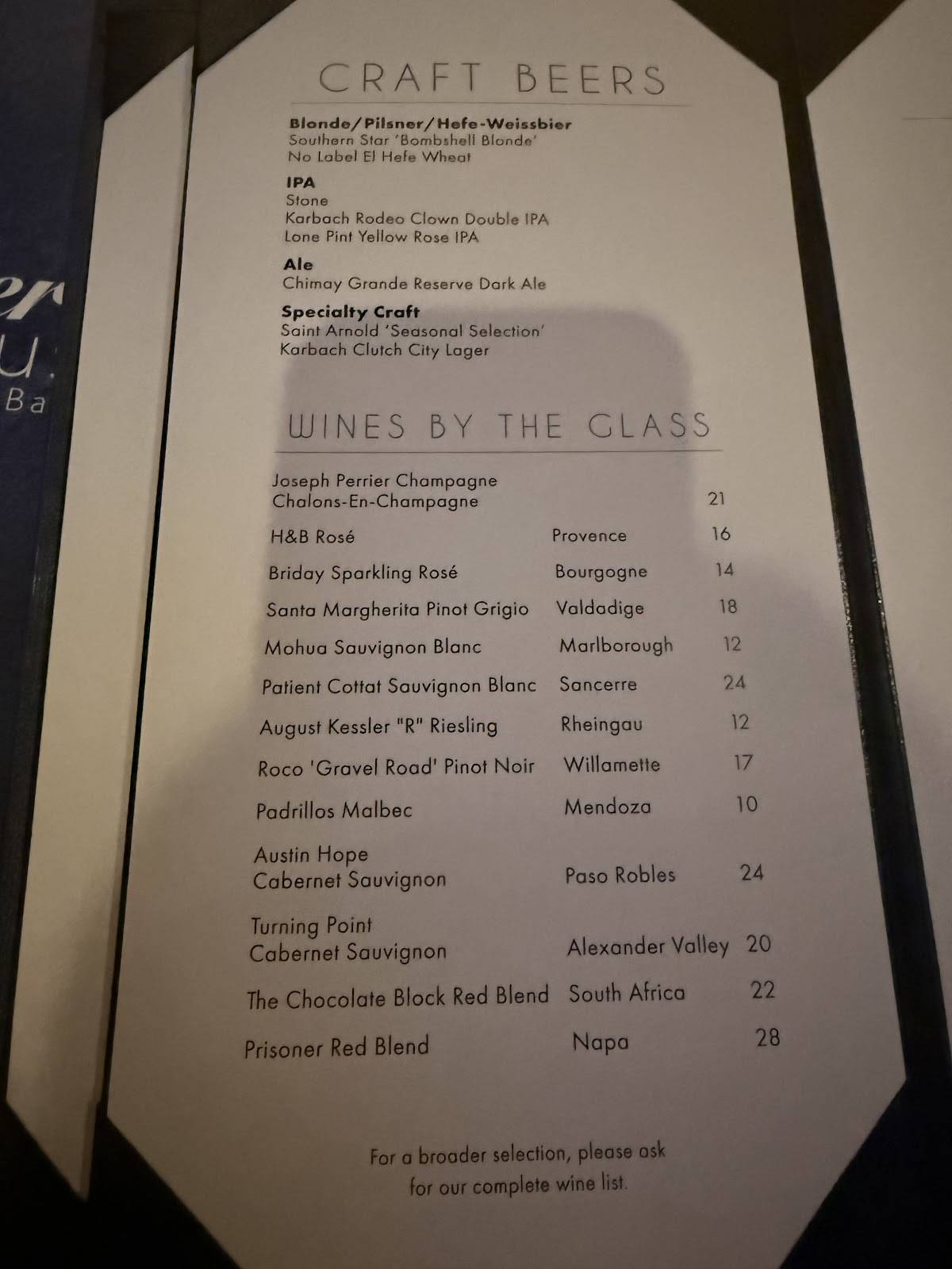 Menu at Brenner's on the Bayou steakhouse, Houston, 1 Birdsall St