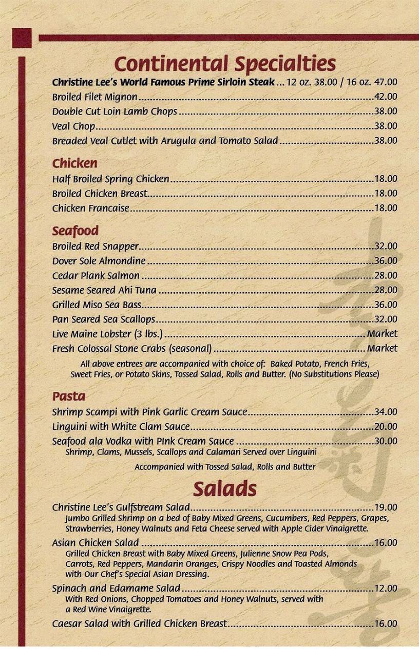 Menu at Christine Lee's restaurant, Hallandale Beach
