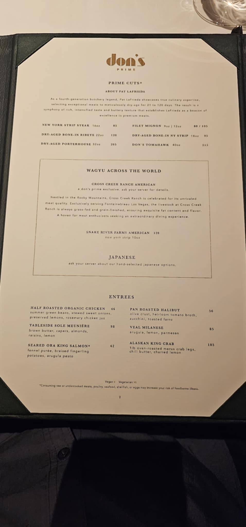 Menu at Don's Prime steakhouse, Las Vegas