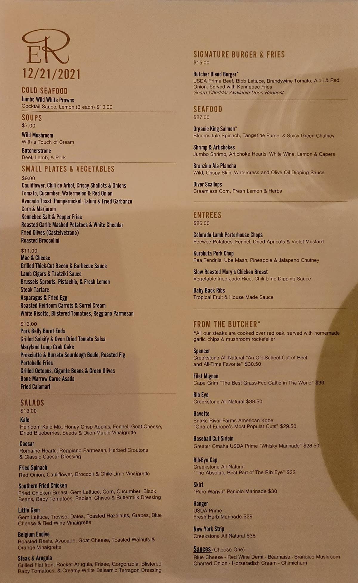 Menu at Echo & Rig steakhouse, Las Vegas