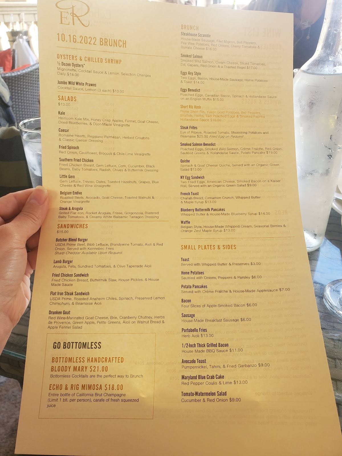 Menu at Echo & Rig steakhouse, Las Vegas