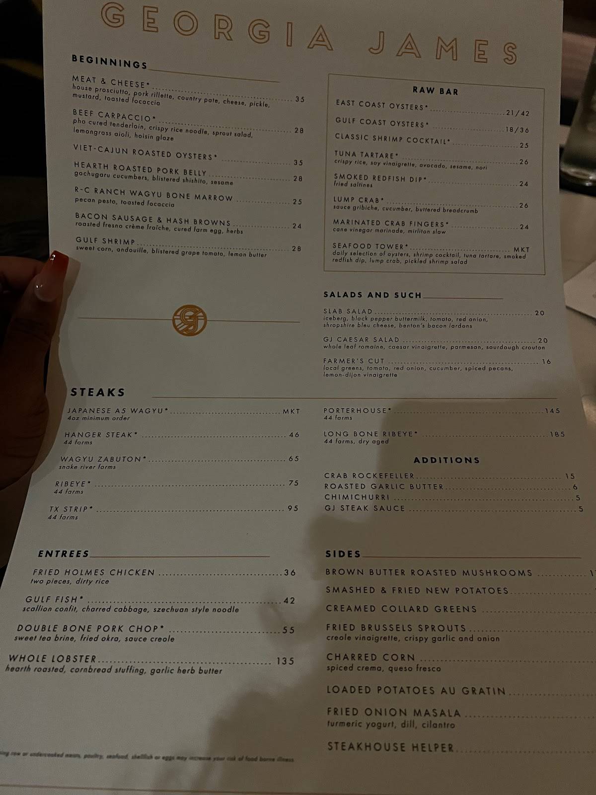 Menu at Georgia James Steak steakhouse, Houston