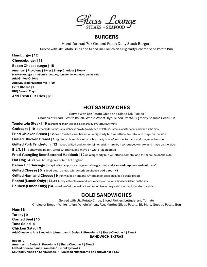 Menu at Glass Lounge Restaurant, Harrisburg
