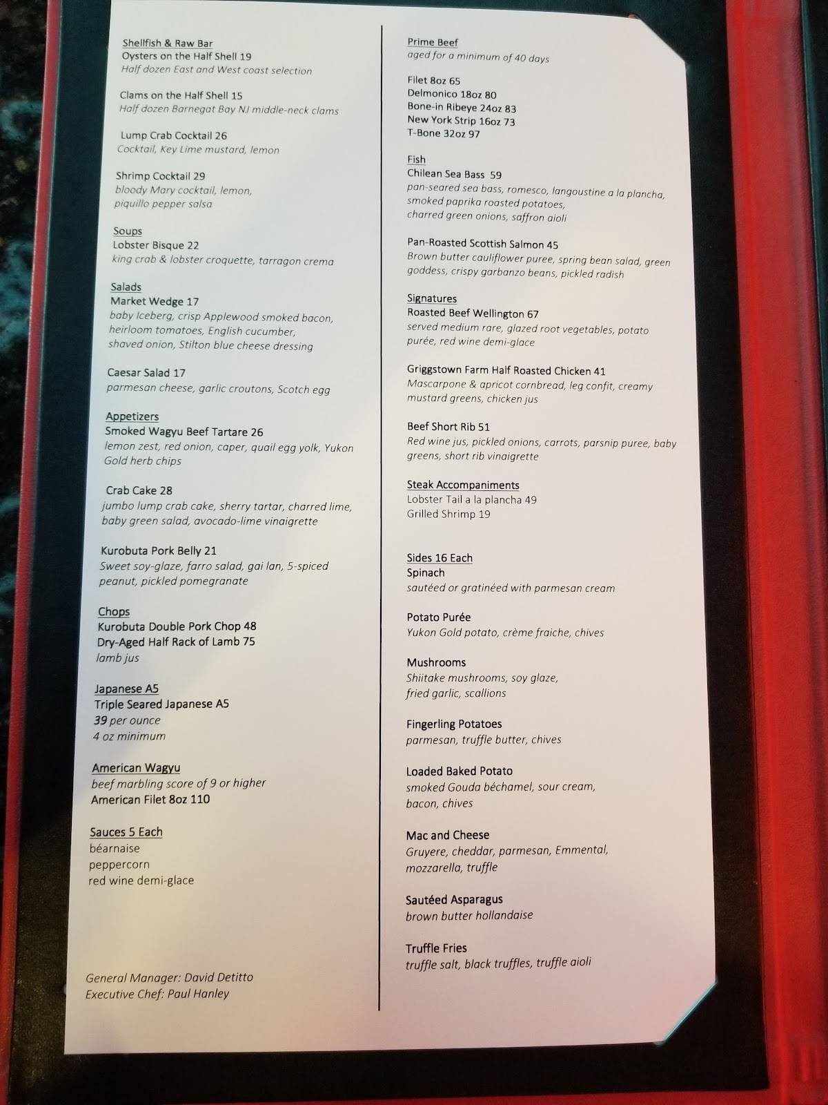 Menu at Gordon Ramsay Steak steakhouse, Atlantic City