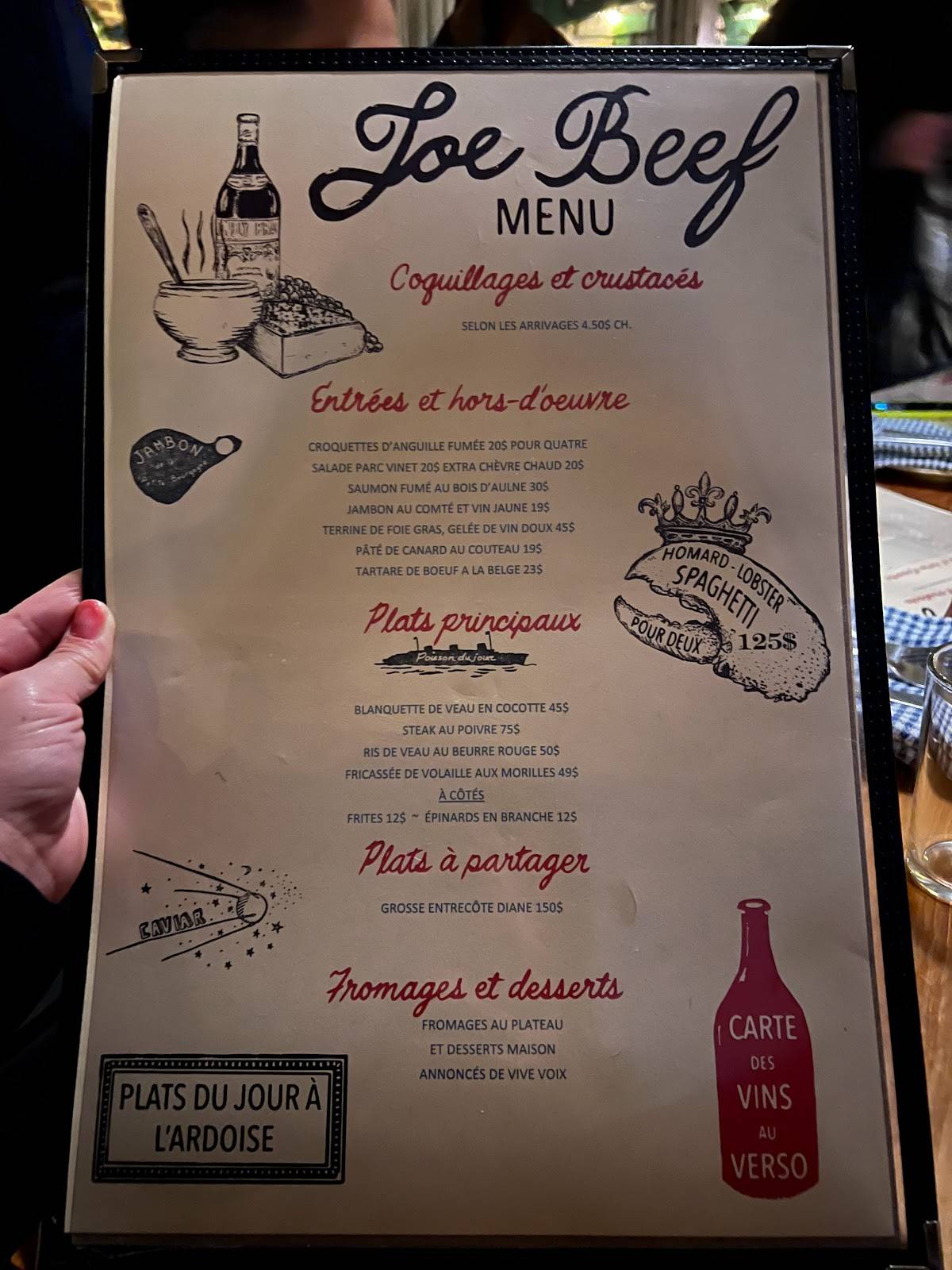 Menu at Joe Beef steakhouse, Montréal