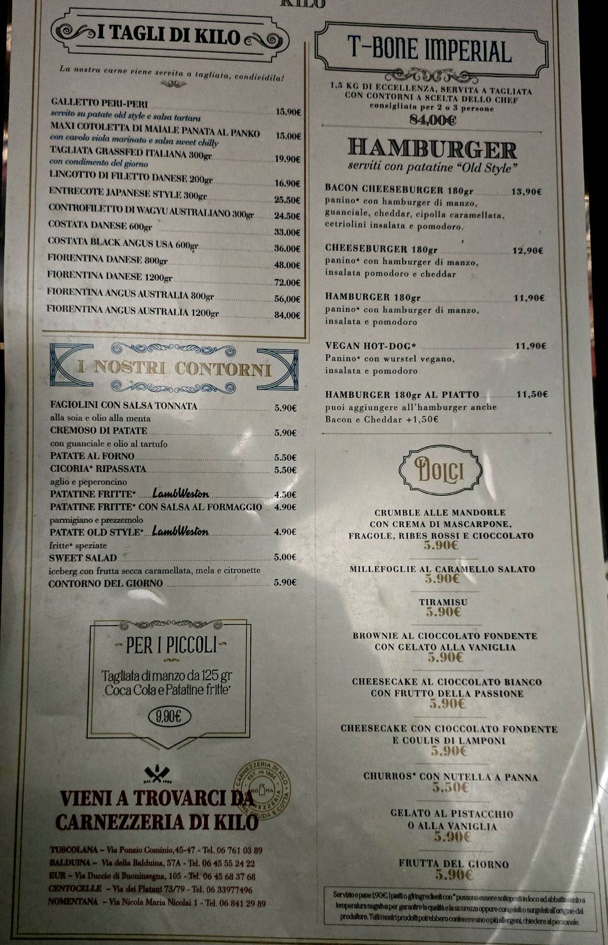 Menu at Kilo Restaurant, Rome, Via Tirso
