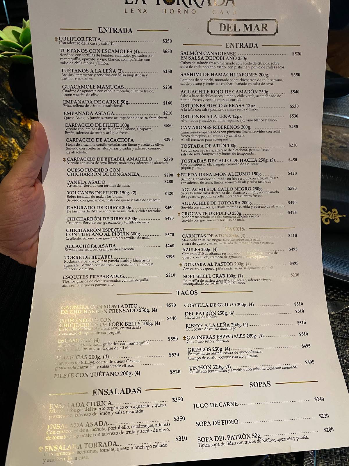 Carta de parrilla La Torrada, Monterrey, 2500 Col. Valle Oriente