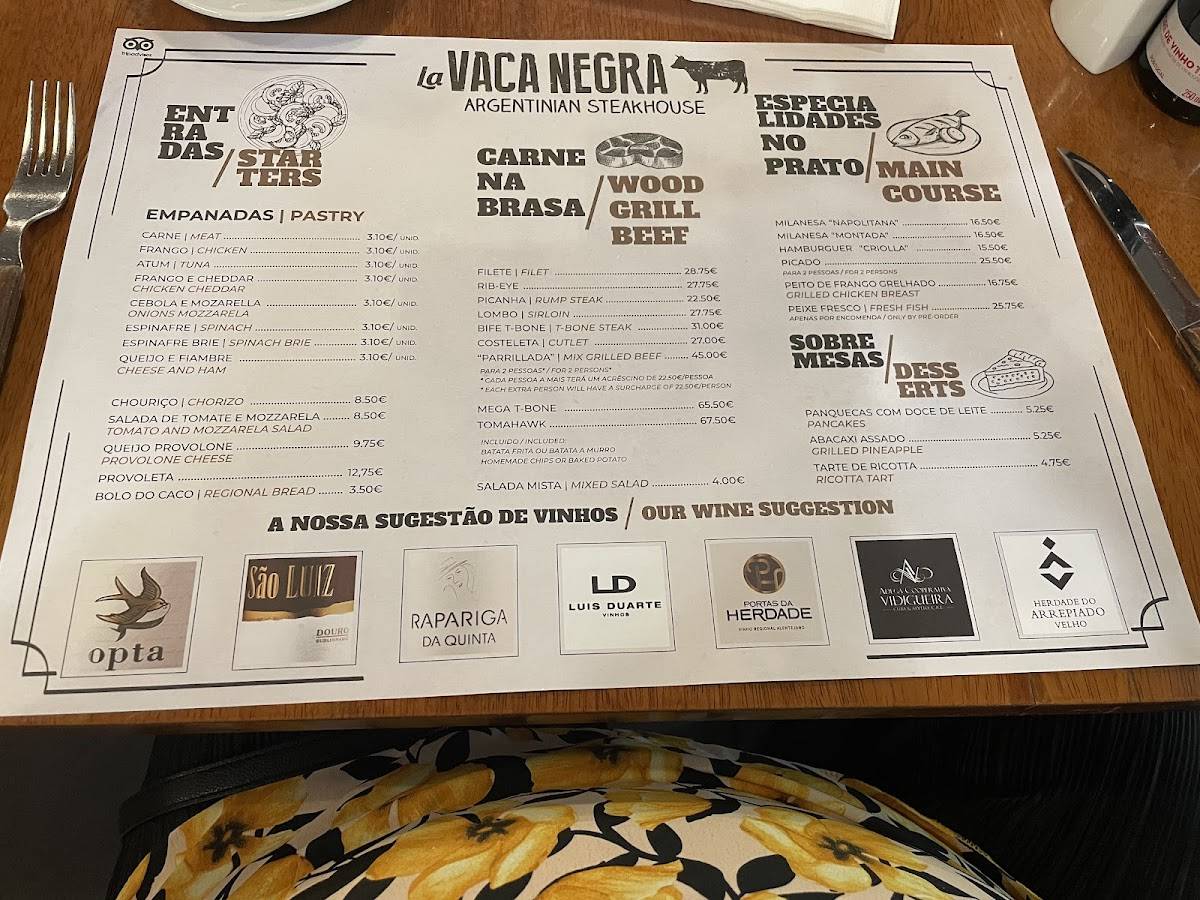 Menu at La Vaca Negra steakhouse, Funchal