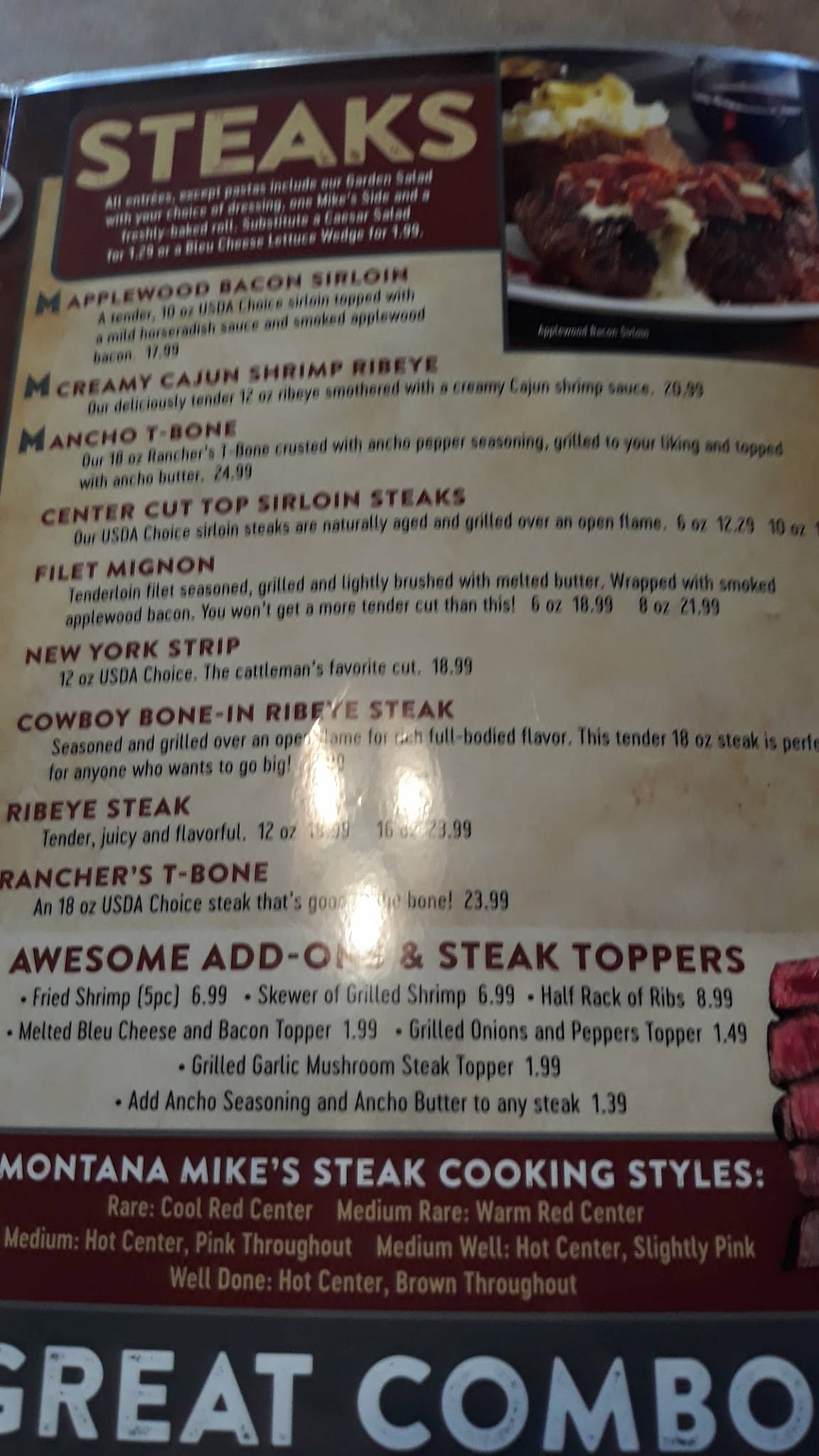 Menu at Montana Mike's Steakhouse, Anderson