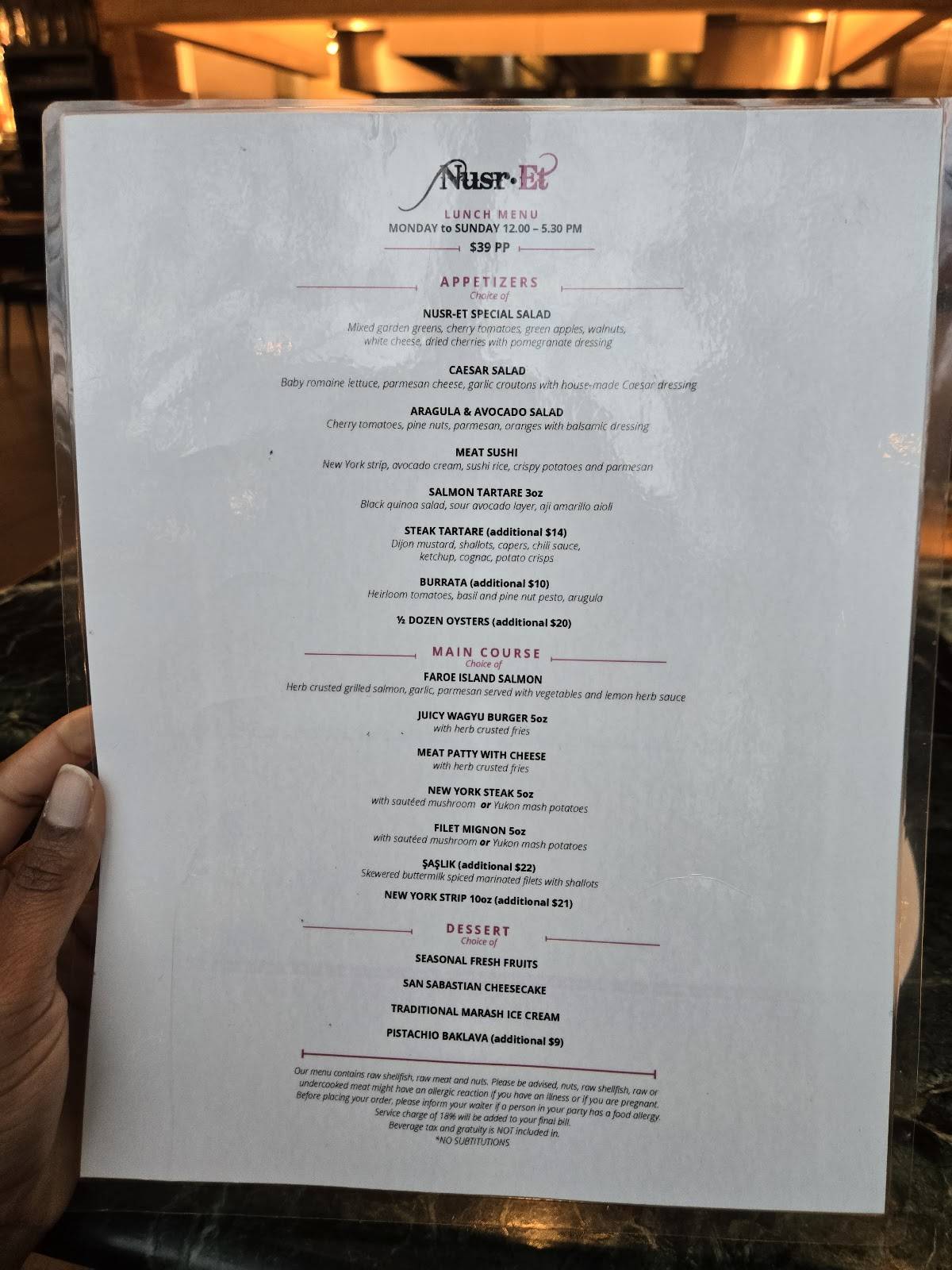 Carta de parrilla Nusr-Et, Dallas