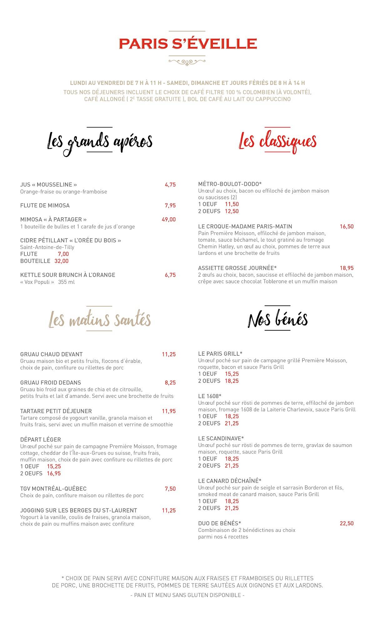 Menu au Paris Grill restaurant à viande, Québec, Bd Laurier