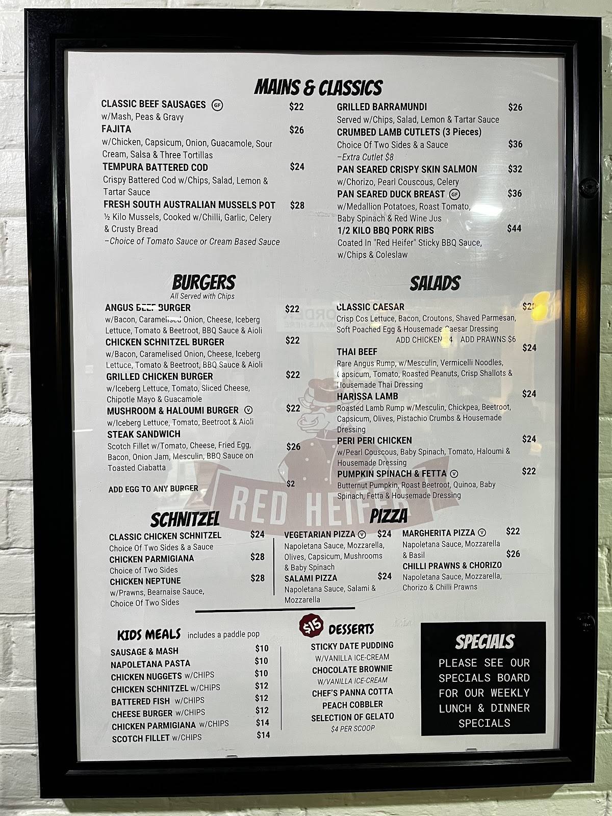 Menu at Red Heifer steakhouse, Mudgee
