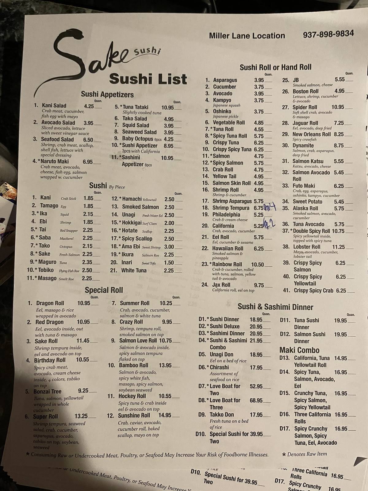 Menu at Sake Japanese Steak House & Sushi Bar., Dayton, Miller Ln
