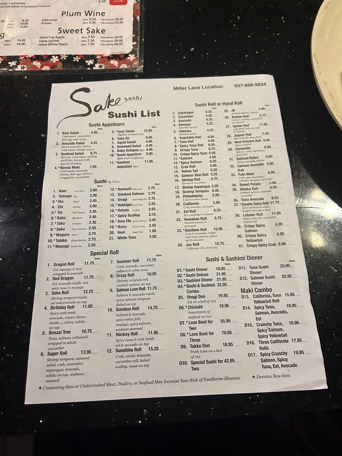 Menu at Sake Japanese Steak House & Sushi Bar., Dayton, Miller Ln