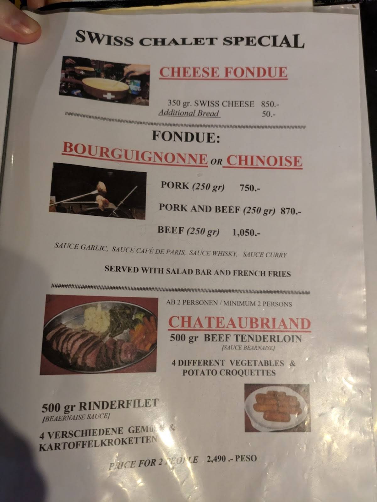 Menu at Swiss Chalet Restaurant, Angeles