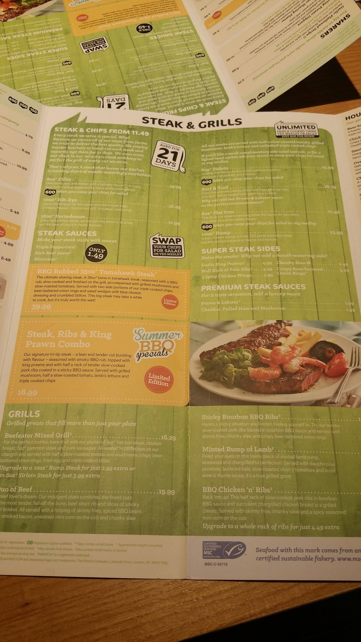 Menu at The Longbow Beefeater steakhouse, Llantrisant