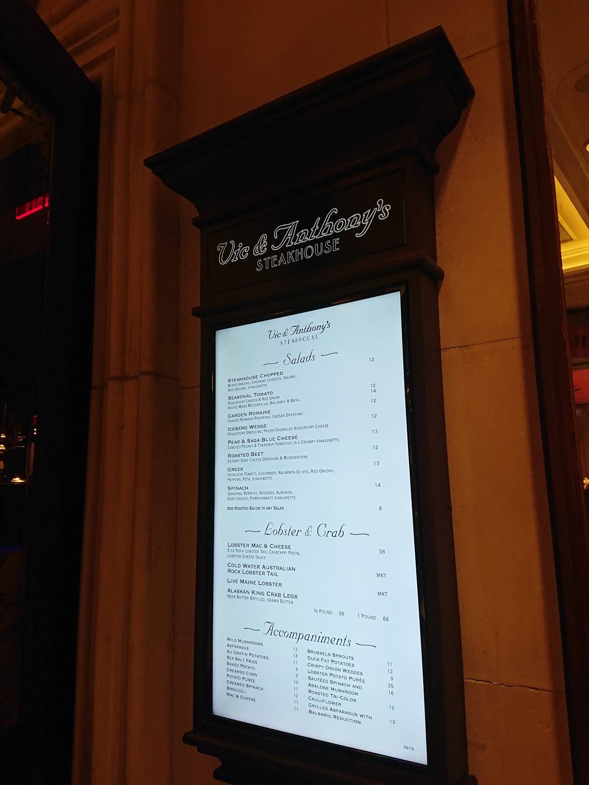 Menu at Vic & Anthony's Steakhouse, Las Vegas