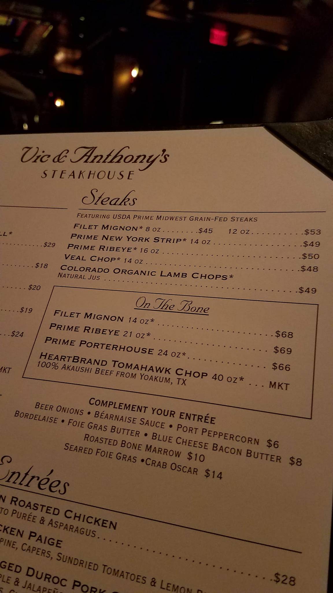 Menu at Vic & Anthony's Steakhouse, Las Vegas