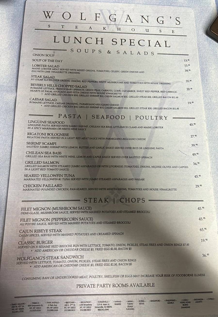 Menu at Wolfgang's Steakhouse, Somerville