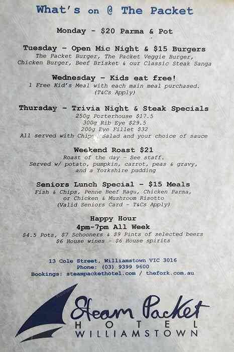 Menu at Steam Packet Hotel restaurant, Williamstown