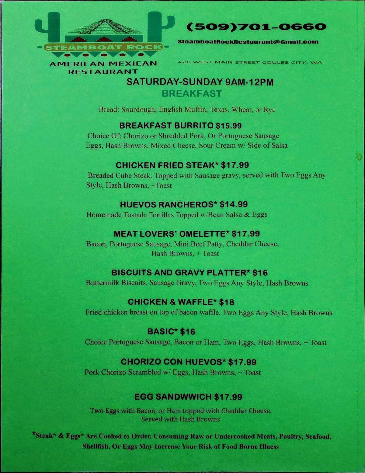 Menu at Steamboat Rock Restaurant LLC, Coulee City