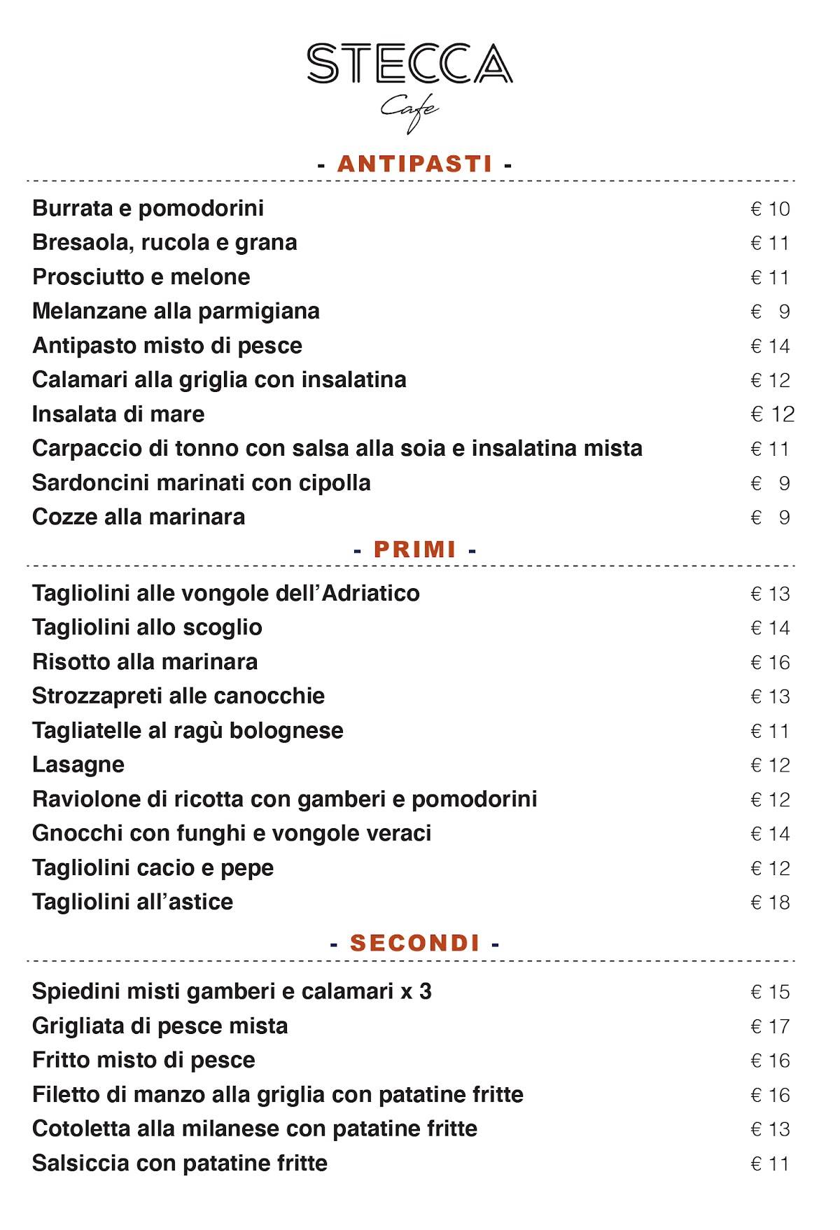 Menu at Stecca Cafe, Rimini
