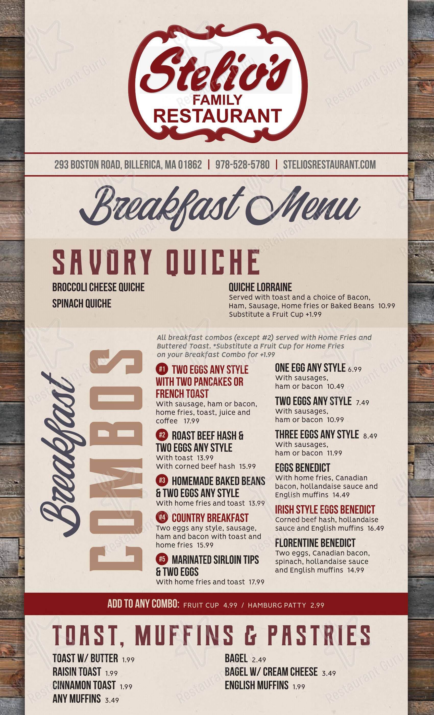 Menu at Stelio's Family Restaurant, Billerica