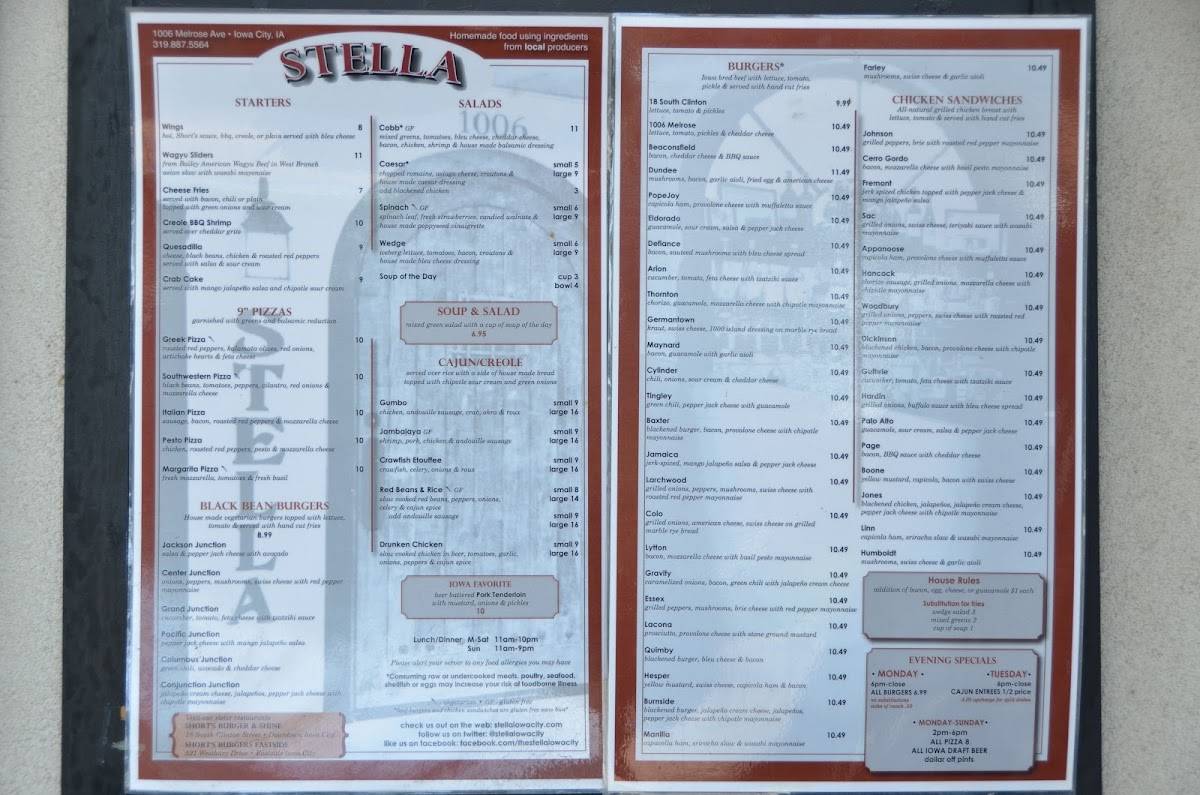 Menu at Stella restaurant, Iowa City