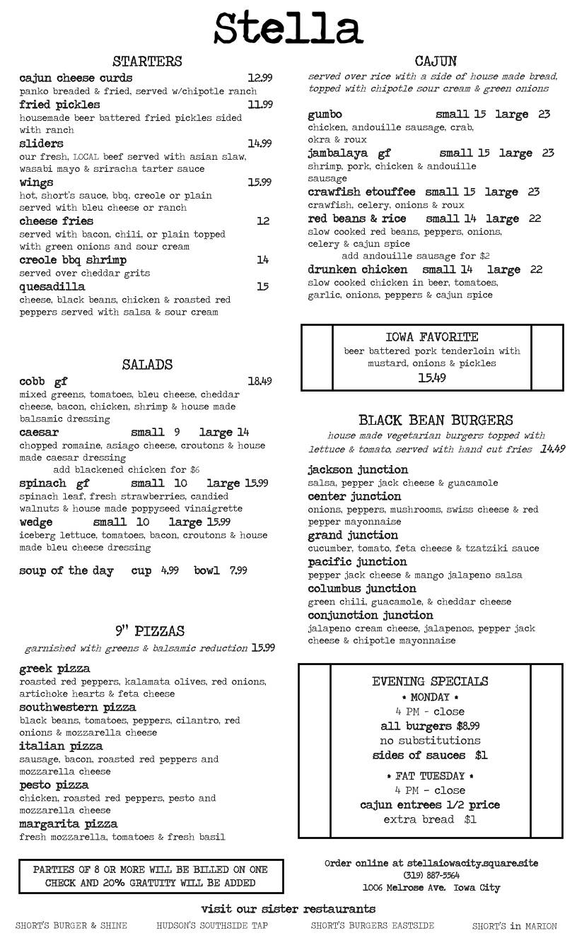 Menu at Stella restaurant, Iowa City