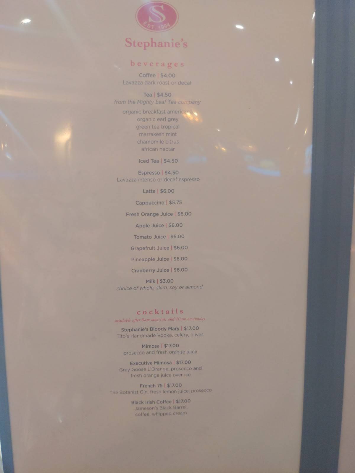 Menu at Stephanie's pub & bar, Boston, Logan Airport Terminal B