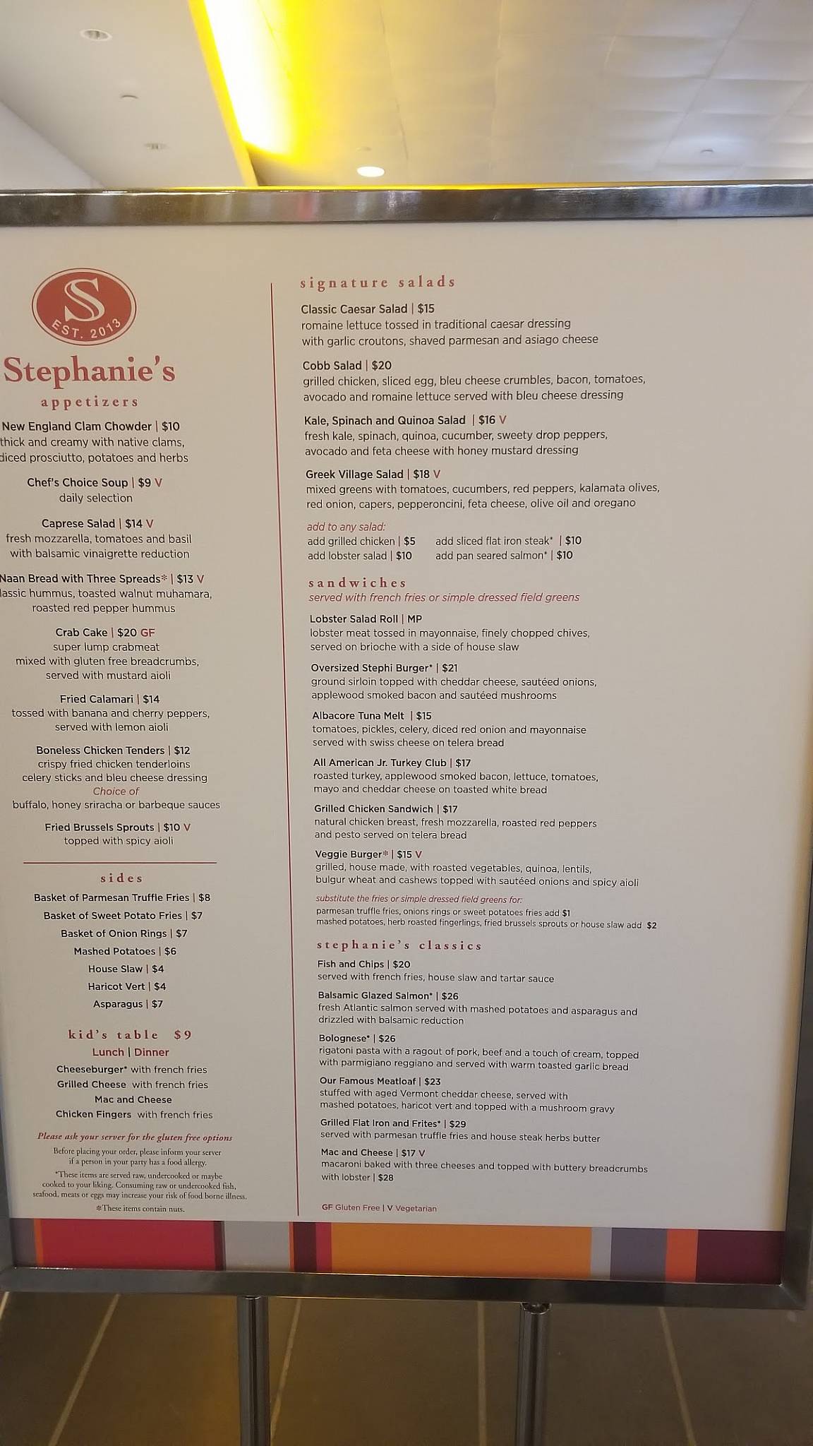 Menu at Stephanie's pub & bar, Boston, Logan Airport Terminal B