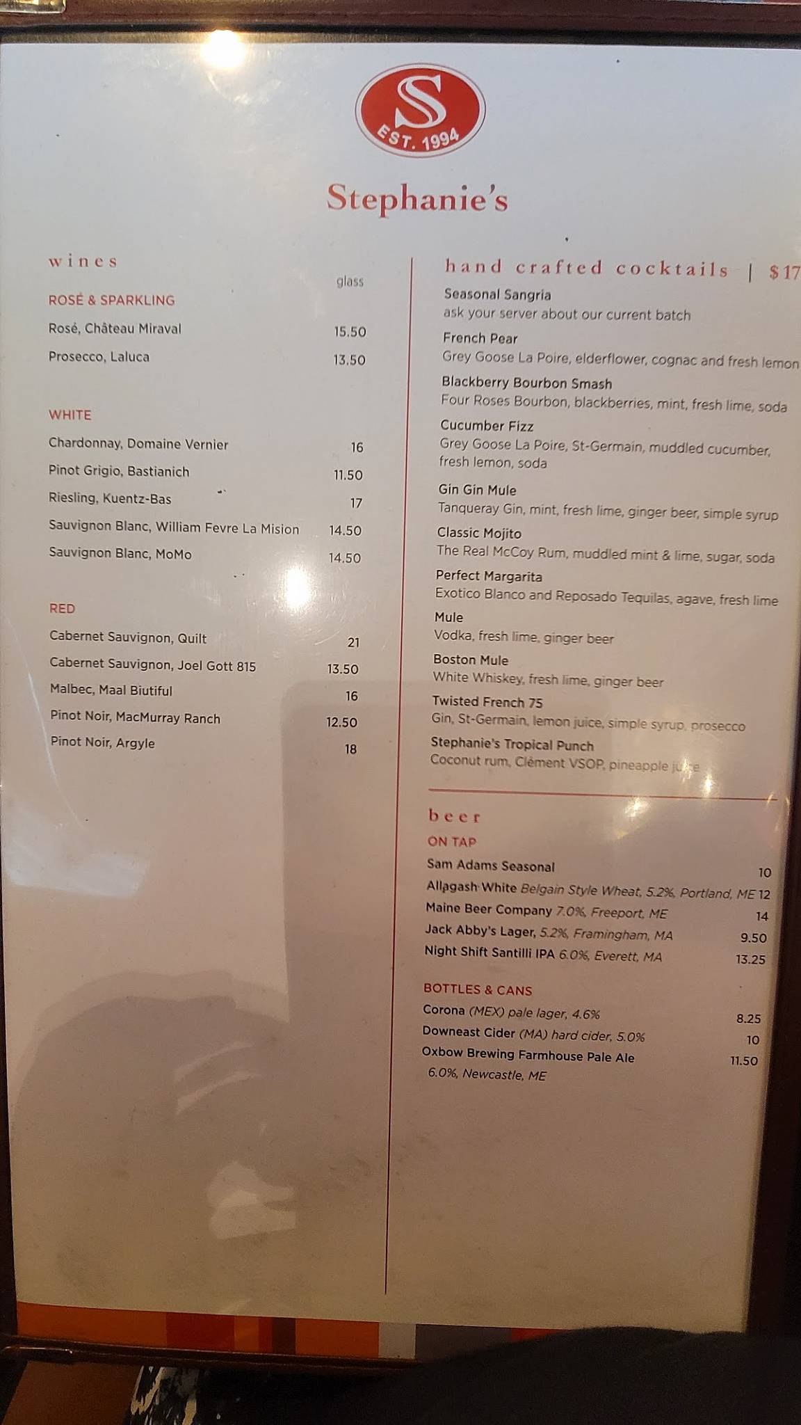 Menu at Stephanie's pub & bar, Boston, Logan Airport Terminal B