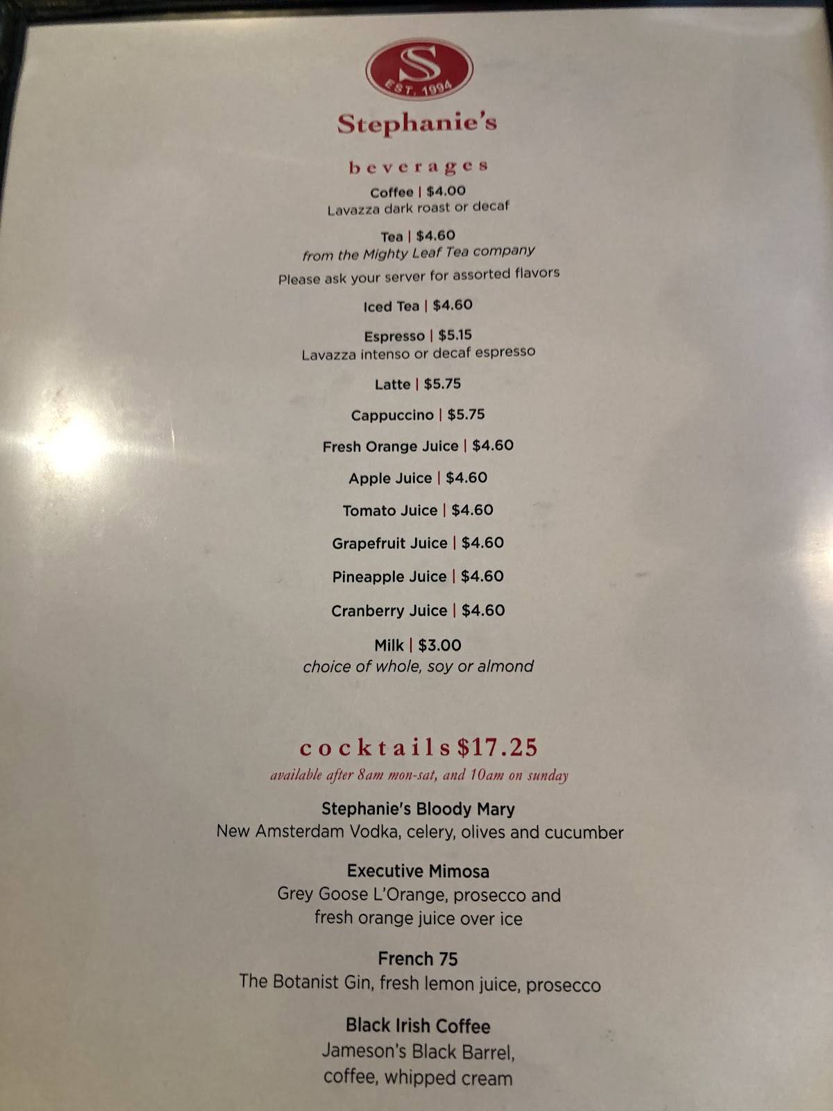 Menu at Stephanie's pub & bar, Boston, Logan Airport Terminal B