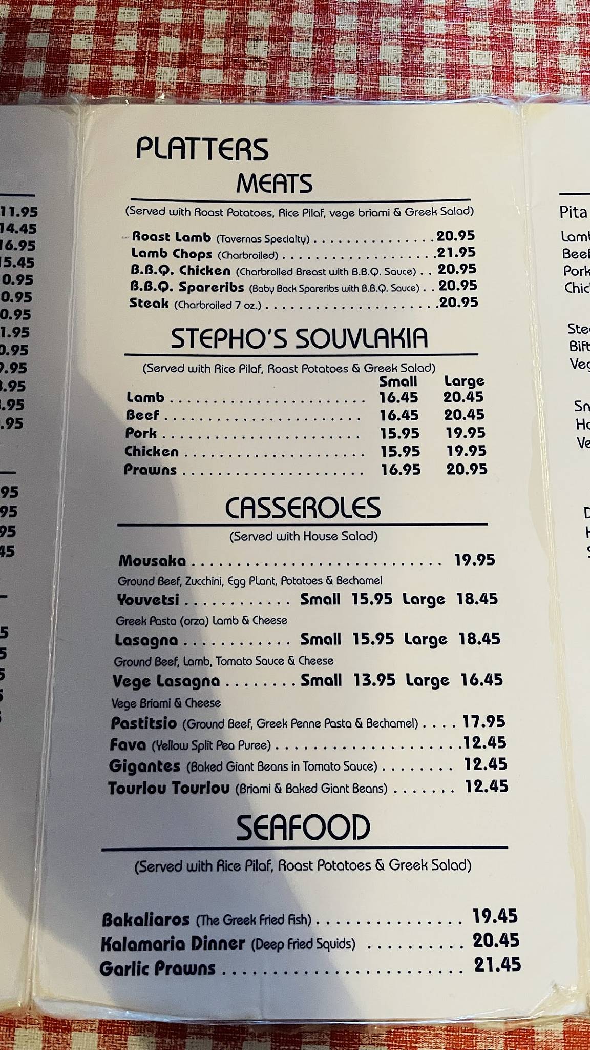 Menu at Stepho's Souvlaki Greek Taverna restaurant, Vancouver, Davie St