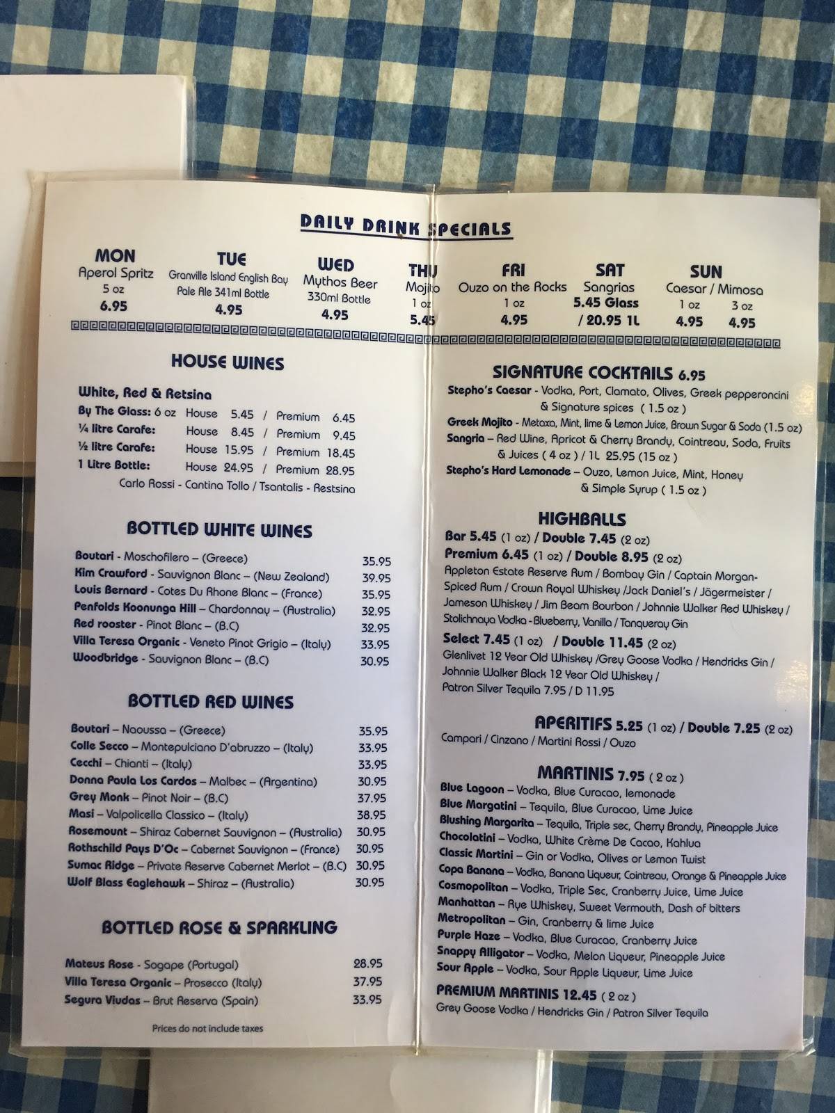 Menu at Stepho's Souvlaki Greek Taverna restaurant, Vancouver, Davie St
