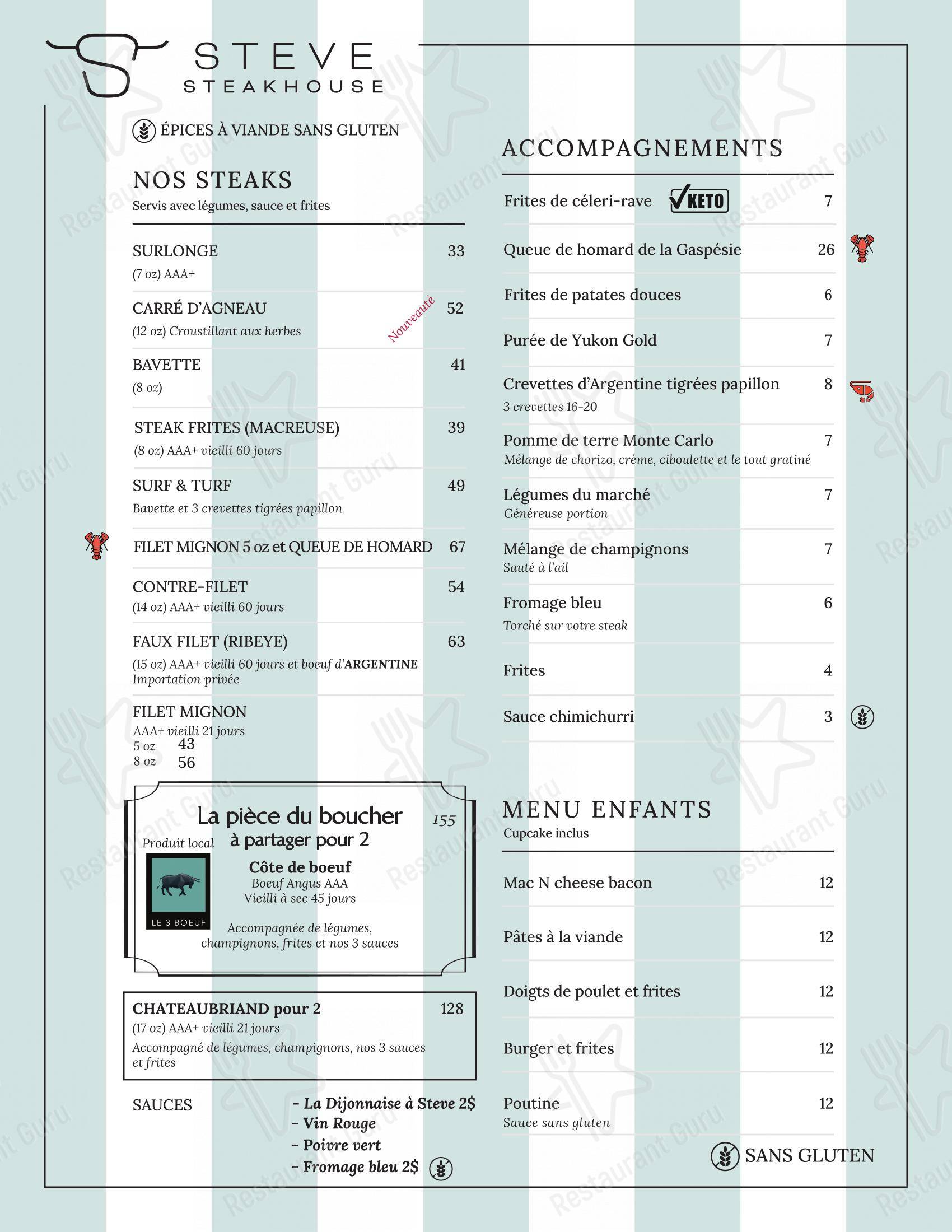 Menu au Steve Steakhouse, Saint-Jean-sur-Richelieu