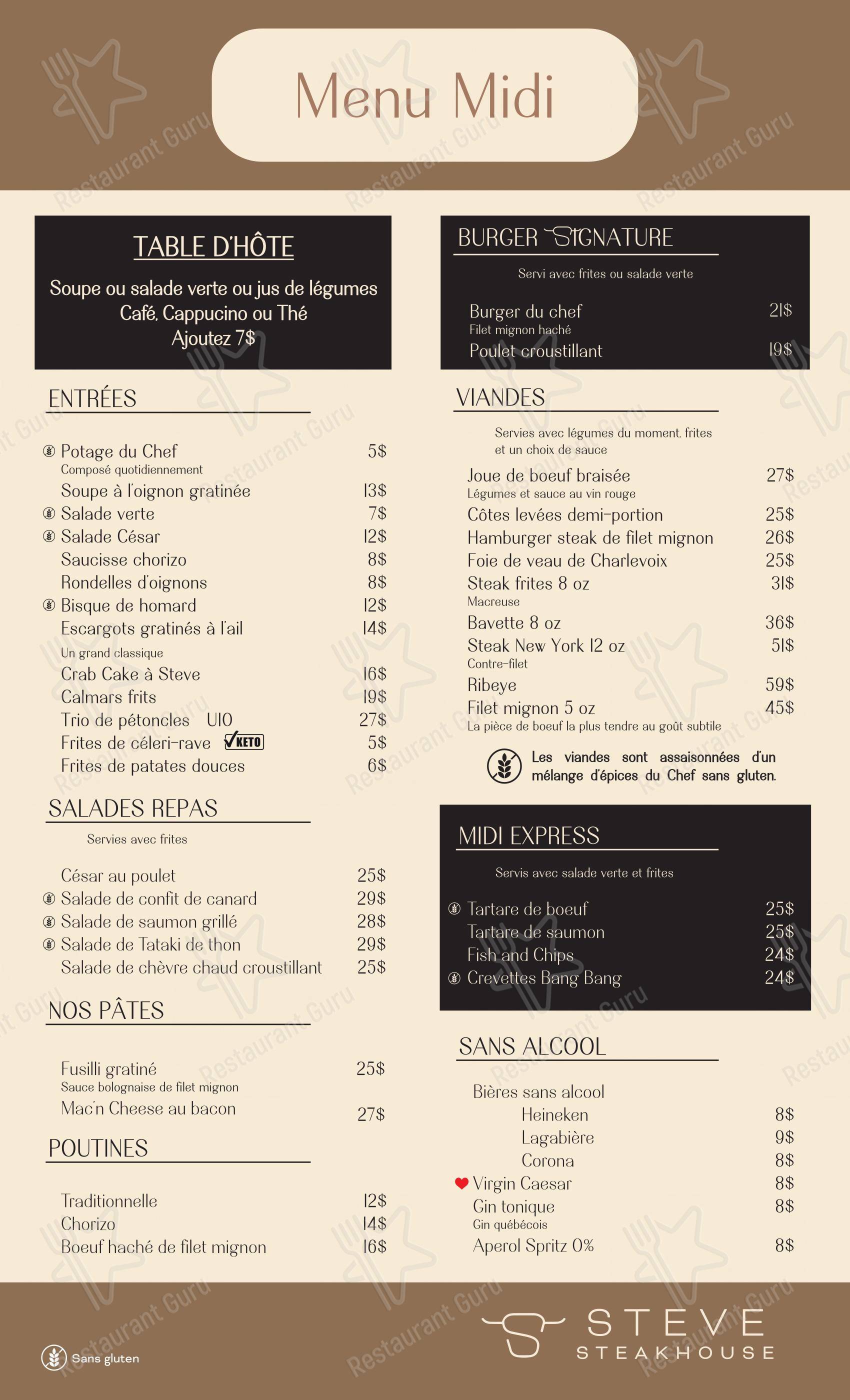 Menu au Steve Steakhouse, Saint-Jean-sur-Richelieu