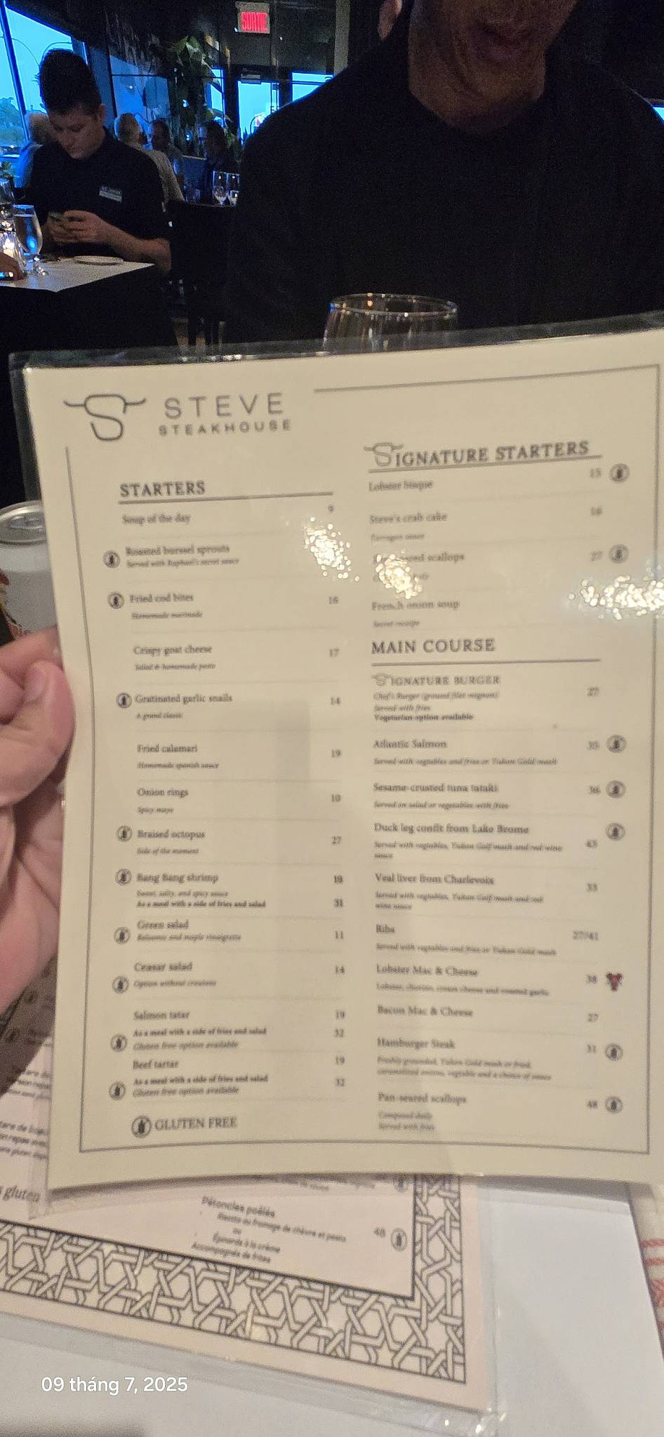 Menu au Steve Steakhouse, Saint-Jean-sur-Richelieu
