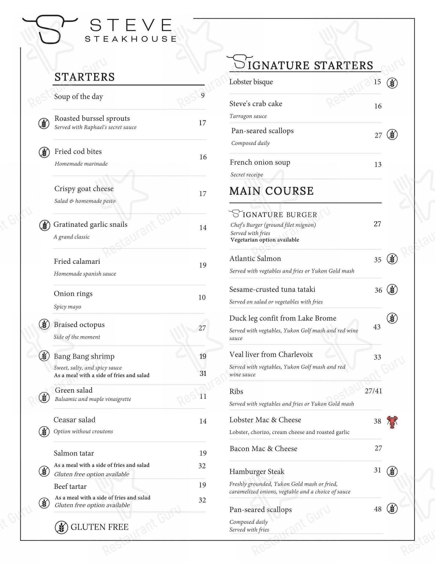 Menu au Steve Steakhouse, Saint-Jean-sur-Richelieu
