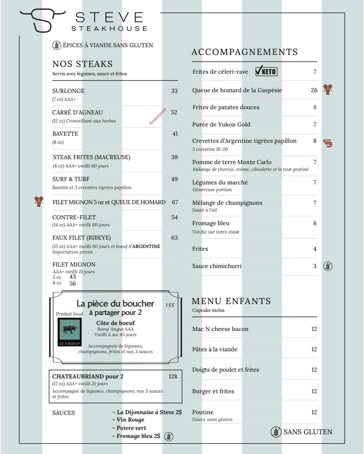 Menu at Steve Steakhouse, Saint-Jean-sur-Richelieu
